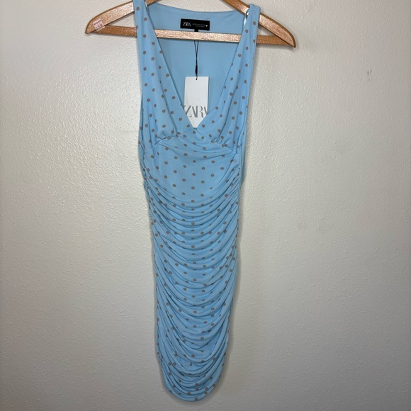 Zara | Dresses | Zara Light Blue Ruched Polka Dot Dress | Poshmark